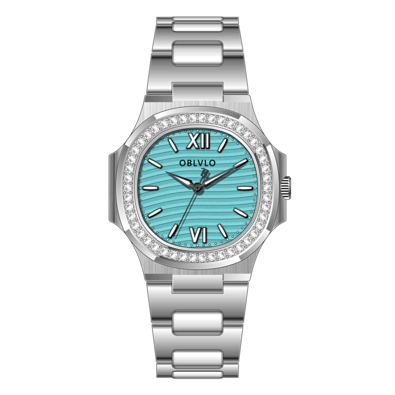 OBLVLO Luxury Designer Diamond Bezel Blue Dial Steel Strap Quartz Watch ...