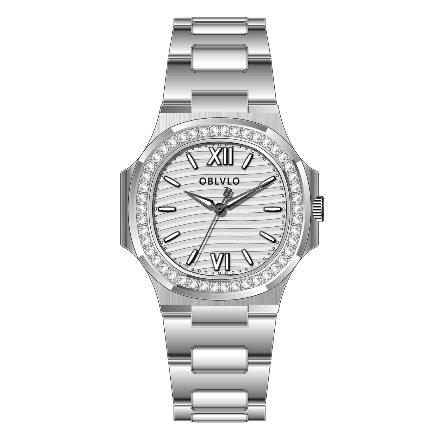 OBLVLO Luxury Designer Diamond Bezel White Dial Steel Strap Quartz ...