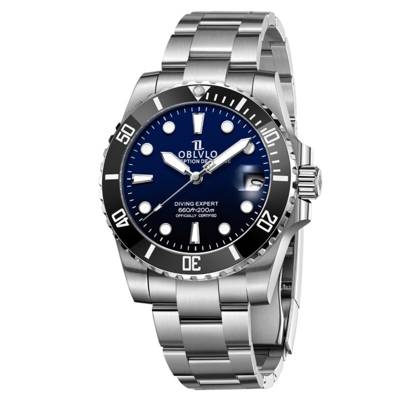 OBLVLO Mens Stainless Steel Blue Dial Classic Mechanical Automatic ...