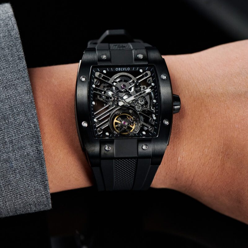 OBLVLO Louvre Series Skeleton Automatic Mechanical Watch Rubber Strap ...