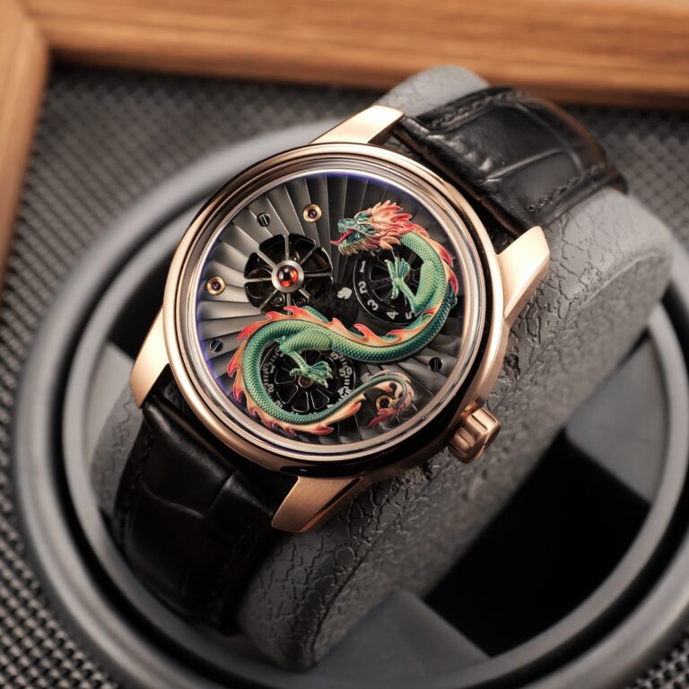 OBLVLO Design Dragon Dial Leather Mechanical Automatic Watch Double ...