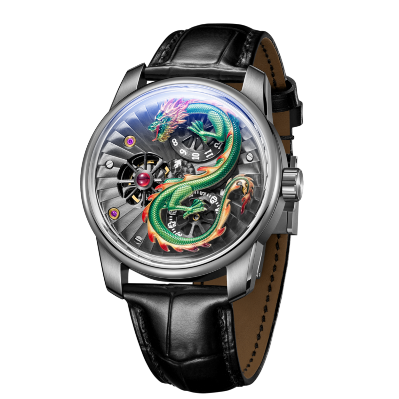 OBLVLO Design Dragon Dial Leather Mechanical Automatic Watch Double ...