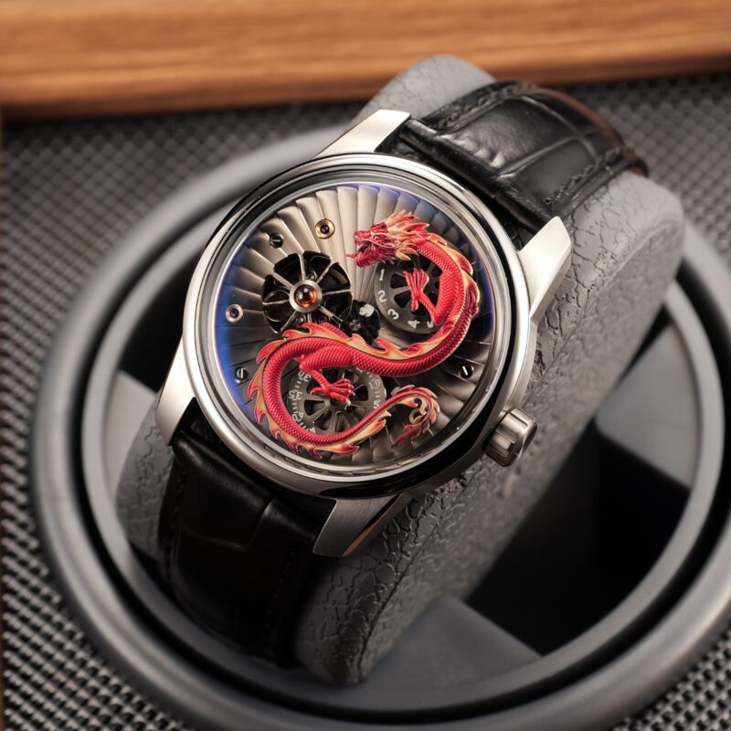 OBLVLO Design Dragon Dial Leather Mechanical Automatic Watch Double ...