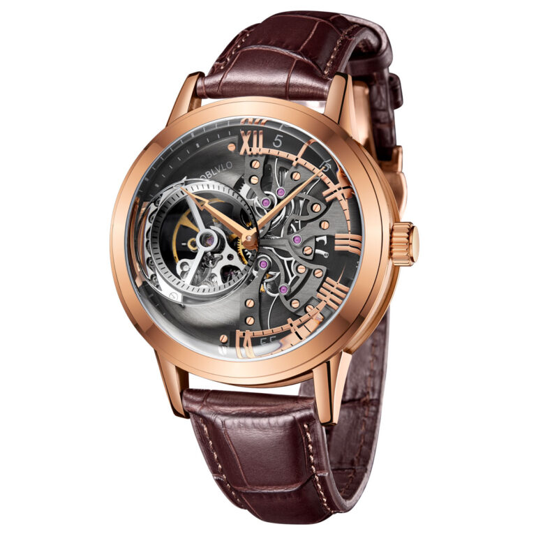 OBLVLO Tourbillon Skeleton Automatic Rose Gold Watch for Men VM-PBW