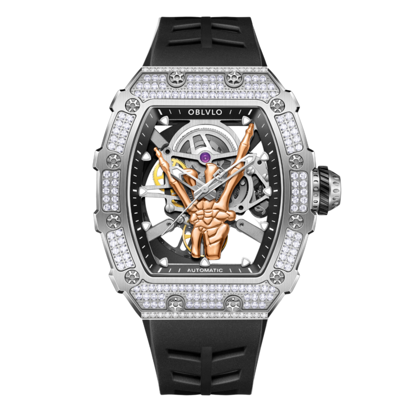 OBLVLO Hollow-out Mechanical Watch Fashion Tonneau Skeleton White ...